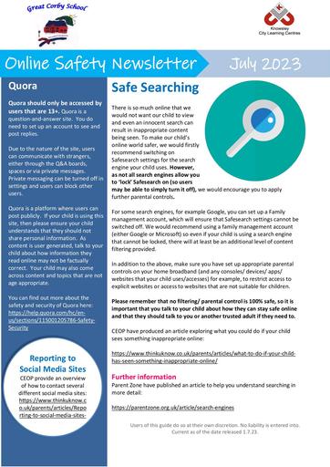 Online Safety Advice - Great Corby School, Cumbria